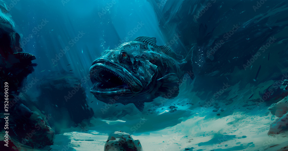 Angler fish on background of dark blue water realistic illustration art ...
