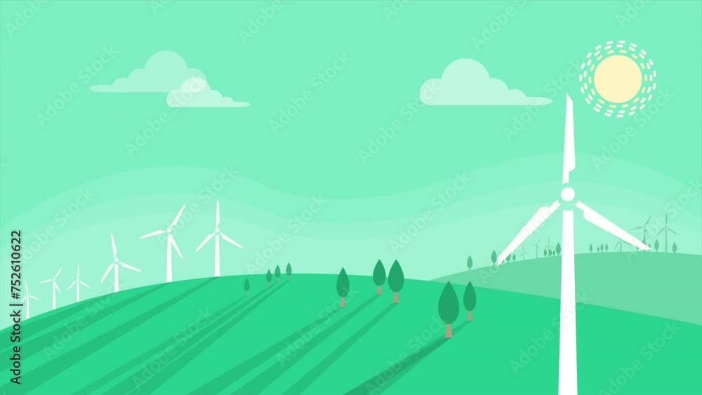Animated flat wind turbines in natural green hills landscape Vector ...