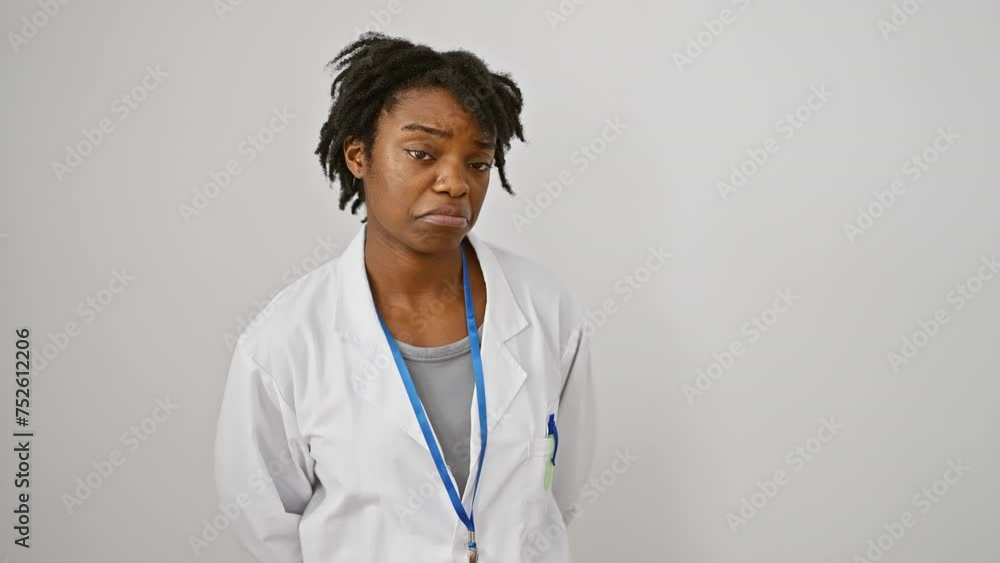 Worried young black woman in labcoat, her dreadlocks tucked away, a ...