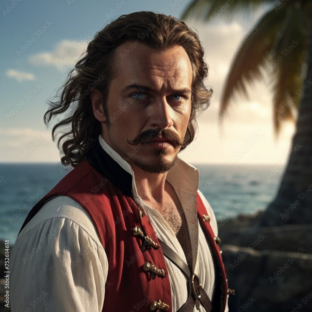 Holding a rapier an adult male pirate with long swept back brown hair ...
