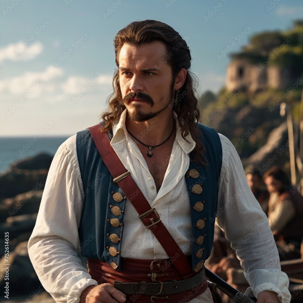 Holding a rapier an adult male pirate with long swept back brown hair ...