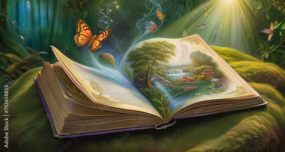 Magic book in the forest with magical golden rays. fairytale fantasy ...