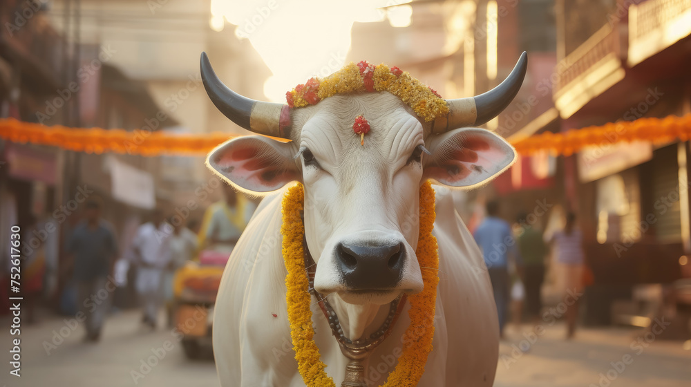 Indian sacred cow on the street of Varanasi, India, Asia, East, ancient ...