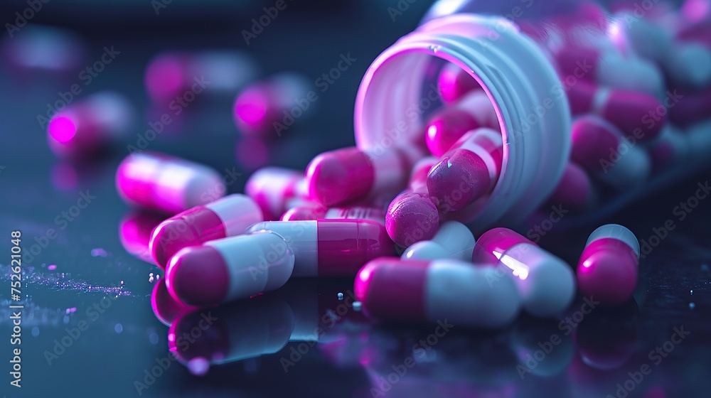 Pink-white capsule pills spread out of drug bottle. Antipsychotic drug ...