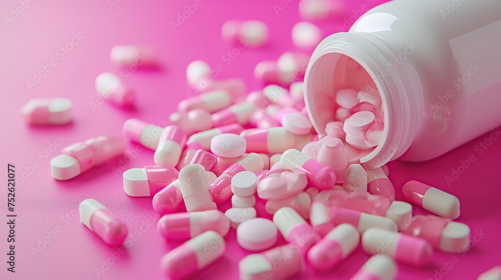 Pink-white capsule pills spread out of drug bottle. Antipsychotic drug ...