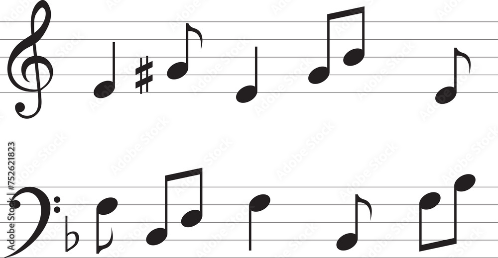 music clefs and nota elements on transparent, png. Concept of melody ...