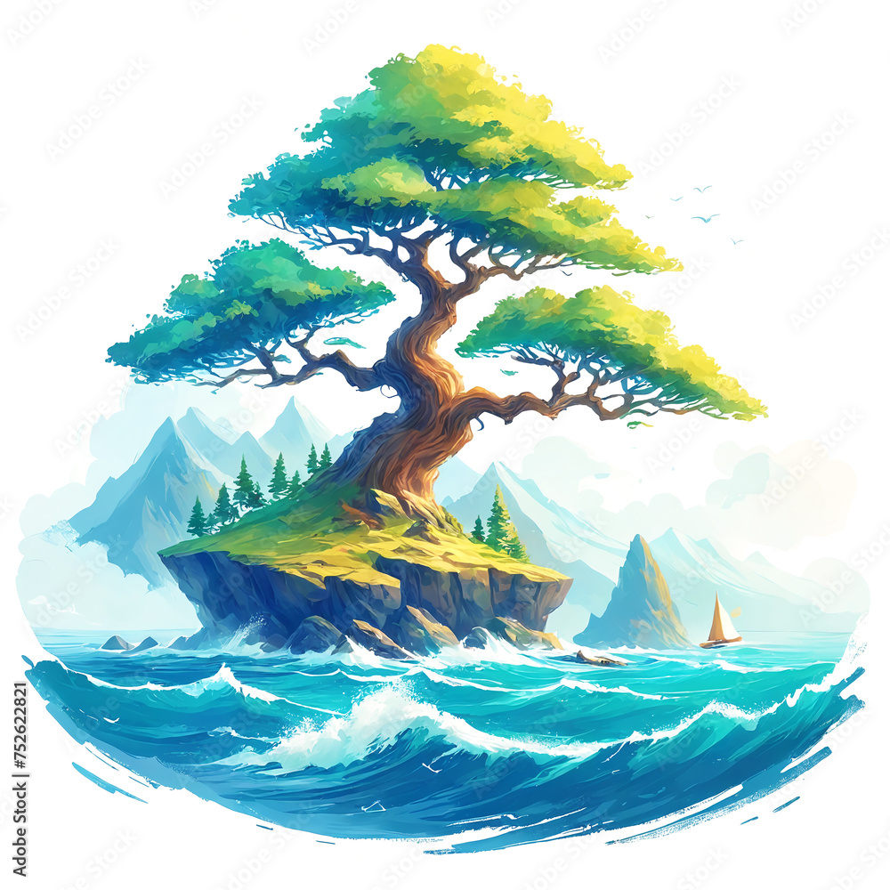 Remote island paradise featuring a solitary tree atop a hill, a ...