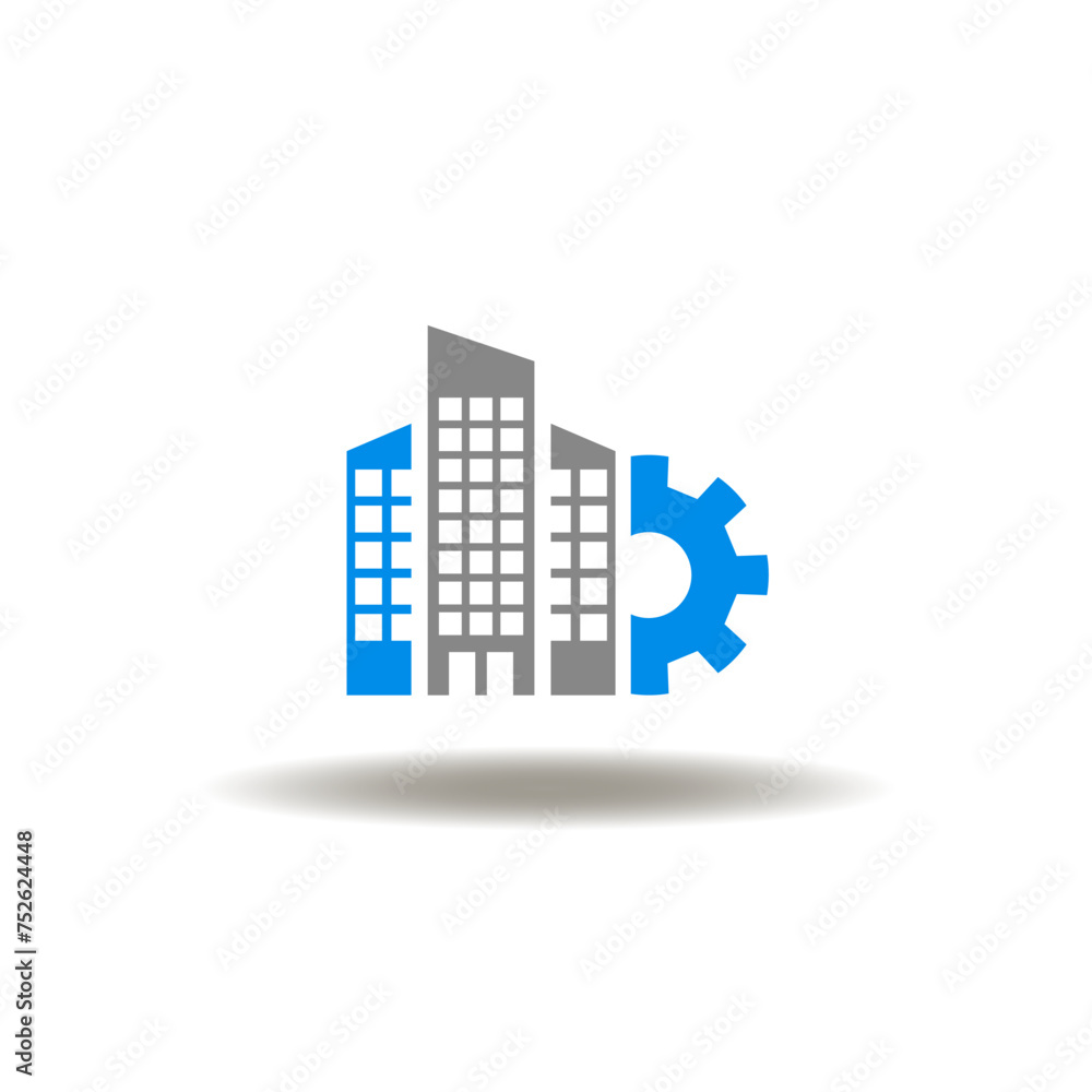 Vector illustration of skyscraper building with gear. Icon of ERM ...