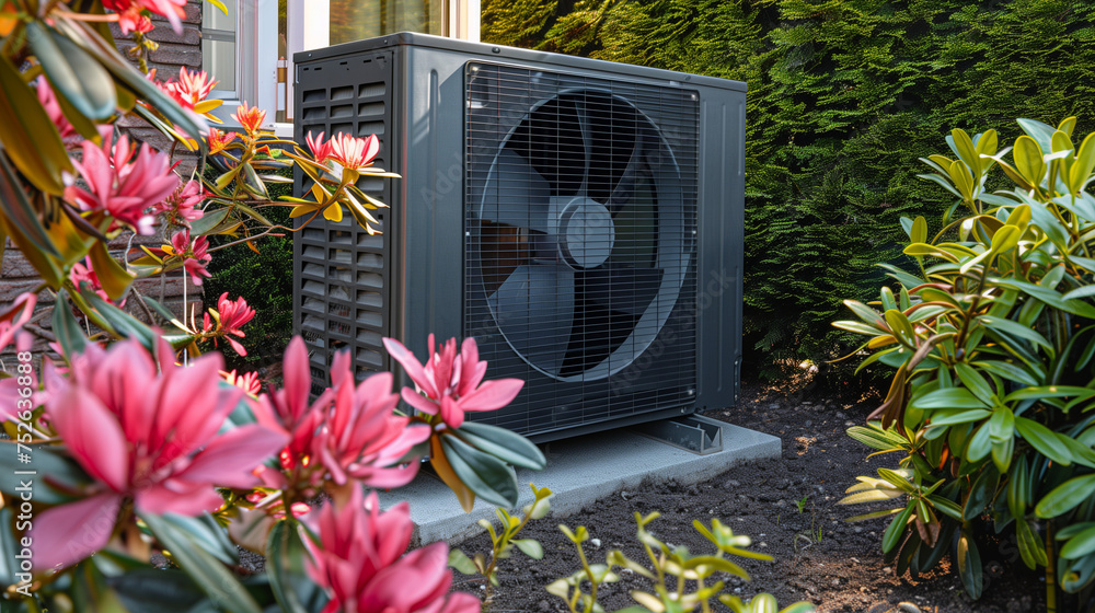 air source heat pump unit installed outdoors at home in the Netherlands ...