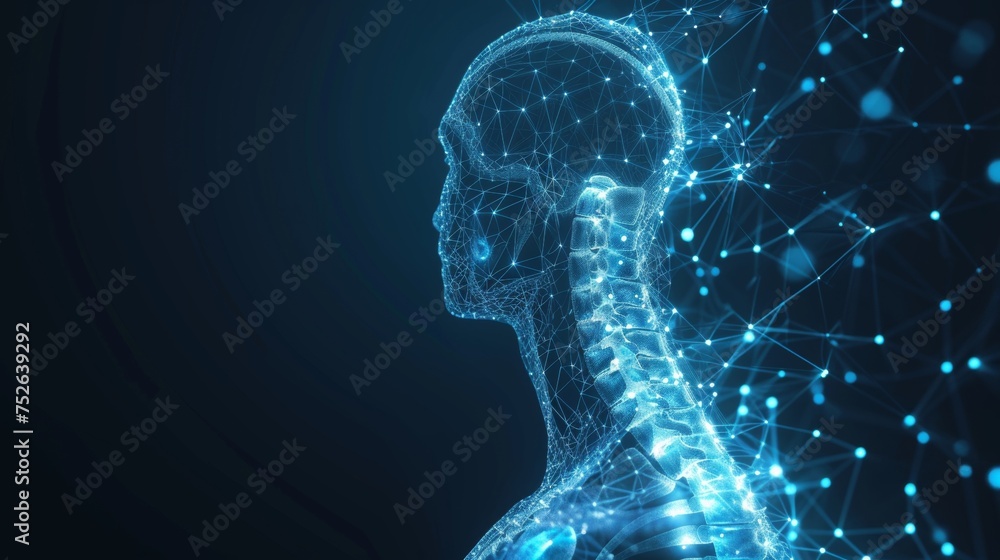 Glowing hologram of human spine 3D with bone structure with dark ...
