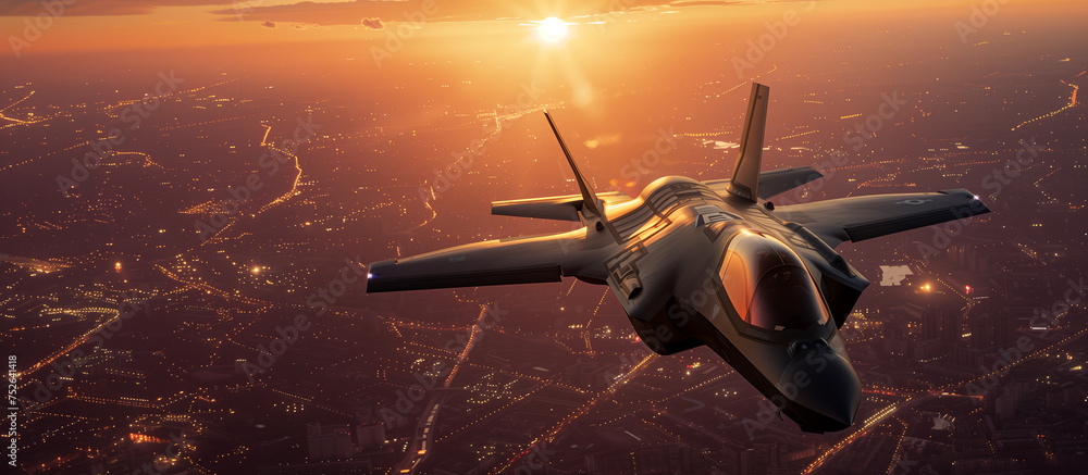 F-35 Fighter Jet Patrolling City Skies at Sunset for Border Security ...