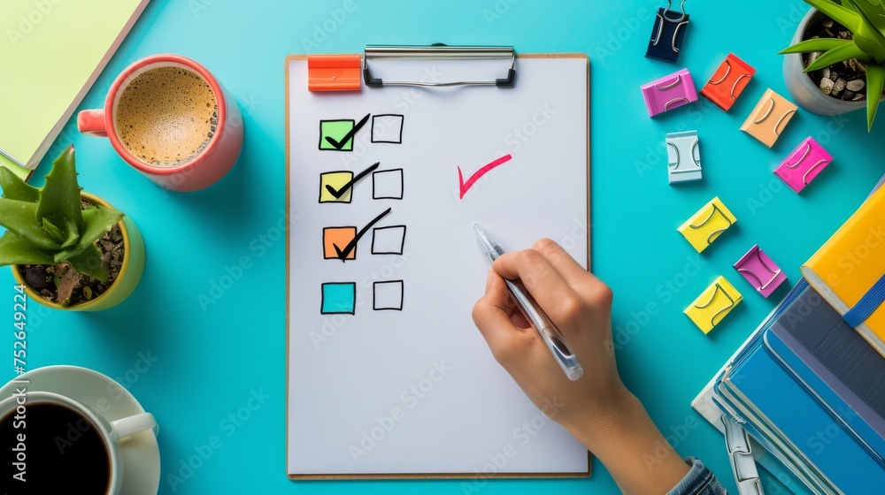 Hand placing a check mark next to goals met on a whiteboard generative ...