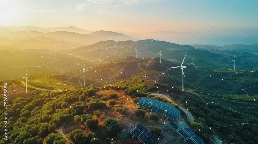 Green energy and sustainable power with wind turbines, solar panels ...