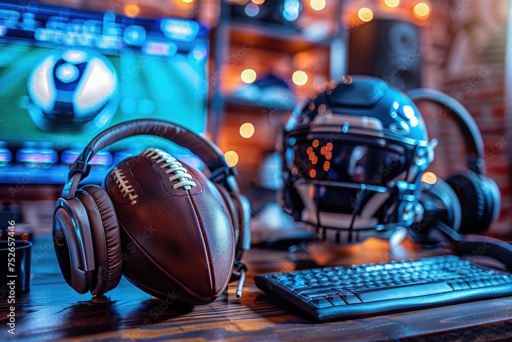 Gamer setup with football-themed headphones, helmet, and screen ...