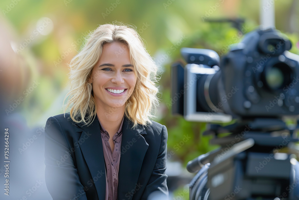Professional Woman in business suit smiling during video interview ...