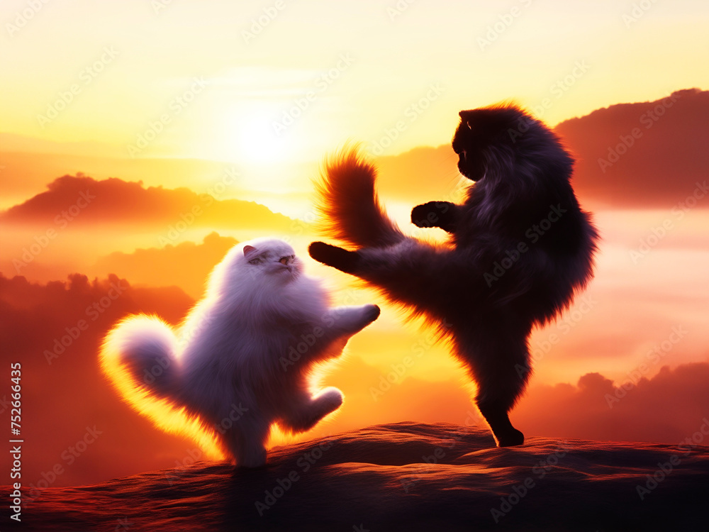 silhouette of two Anthropomorphic cats fighting, kitty jumping and ...