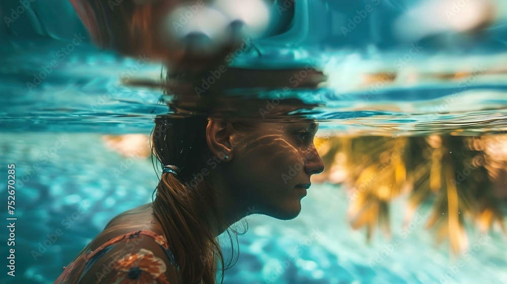 A person's face is partially submerged underwater, aligning perfectly ...