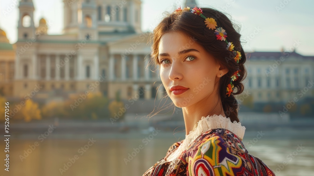 Real photo of a beautiful Romanian woman adorned in traditional ...