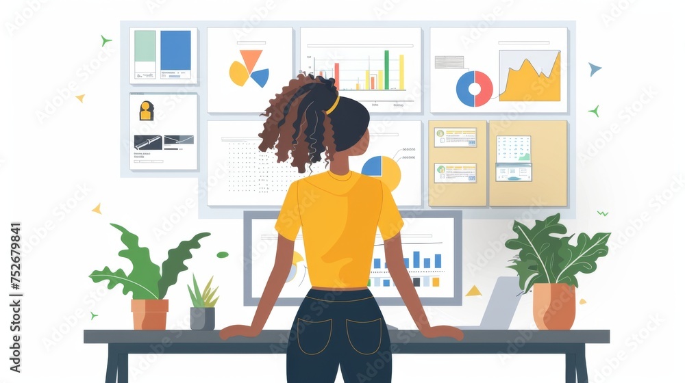 Back view of a data analyst surrounded by multiple screens displaying graphs and data ...