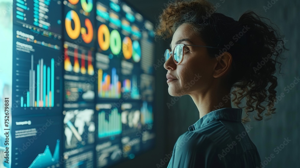Profile view of a female data scientist intently studying intricate ...