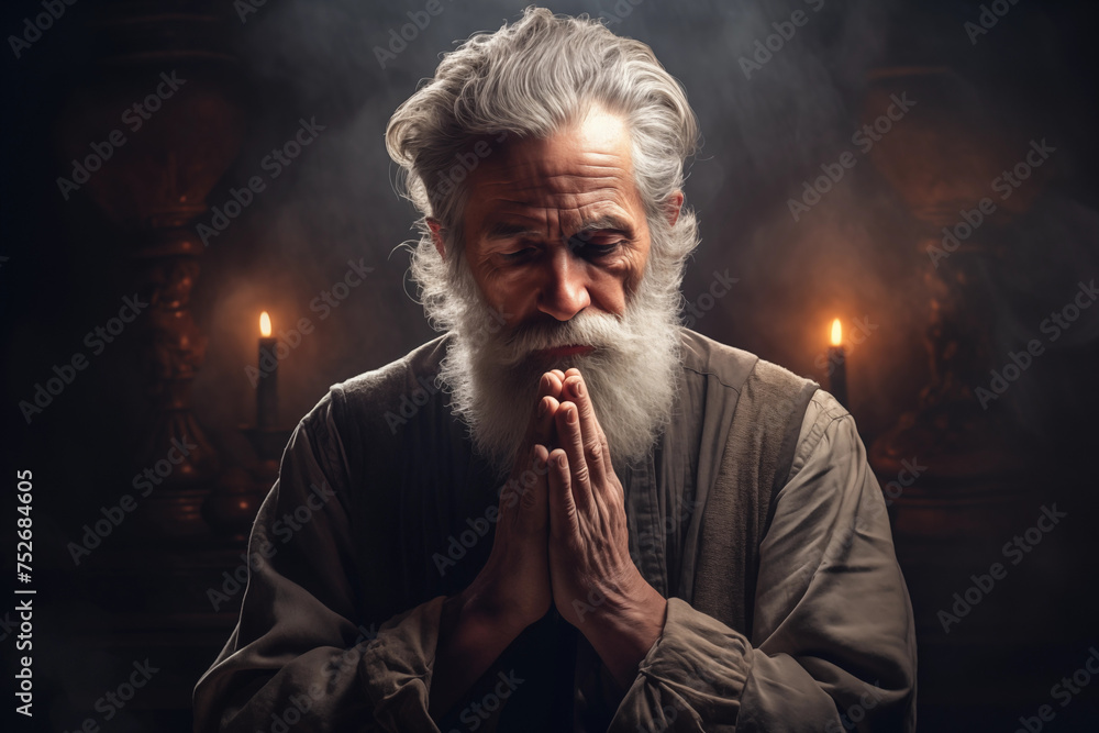 An Old Christian Man Praying in a Smokey Studio Background With Two ...