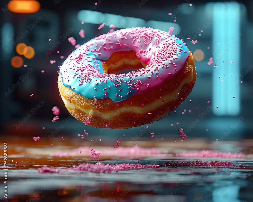 Floating Pink and Blue Frosted Donut with Sprinkles and a Dynamic ...