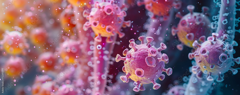 A colorful representation of viral particles floating in a space ...