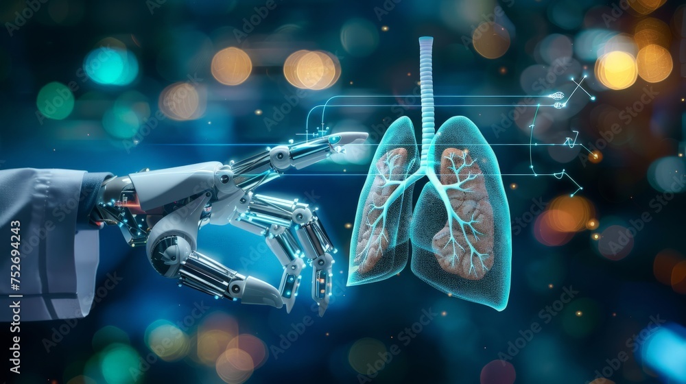 ภาพประกอบสต็อก Hand of doctor and robot finger or cyborg artificial ...