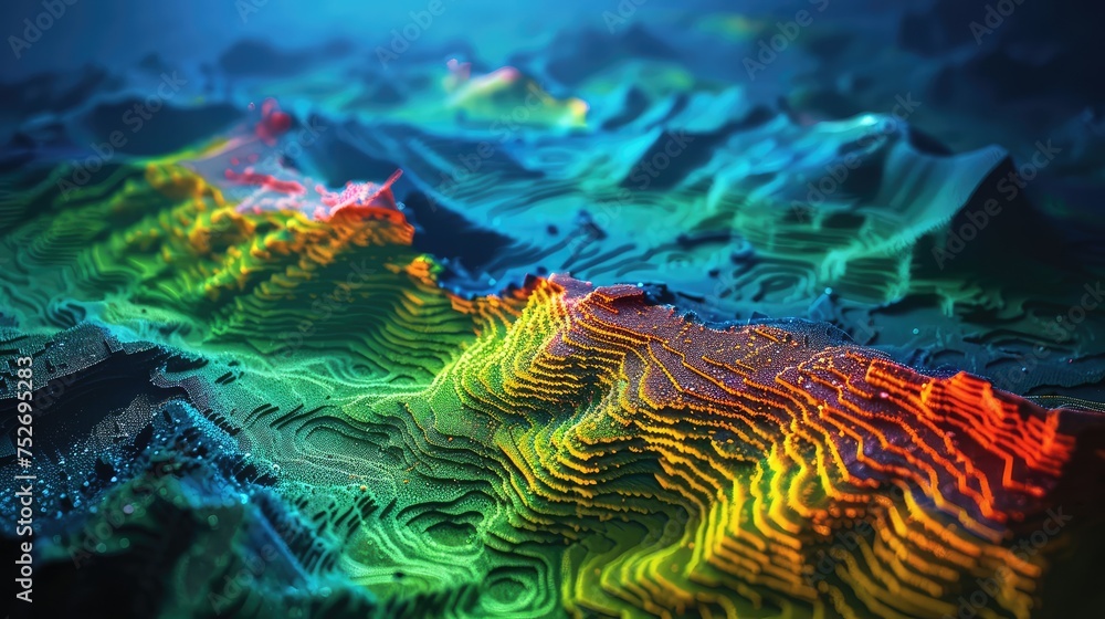 hydrographic terrain map of the ocean floor, red, yellow, green, blue ...