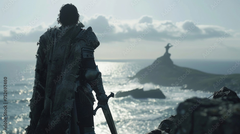 A lone knight stands atop a cliff staring out at the vast expanse of ...