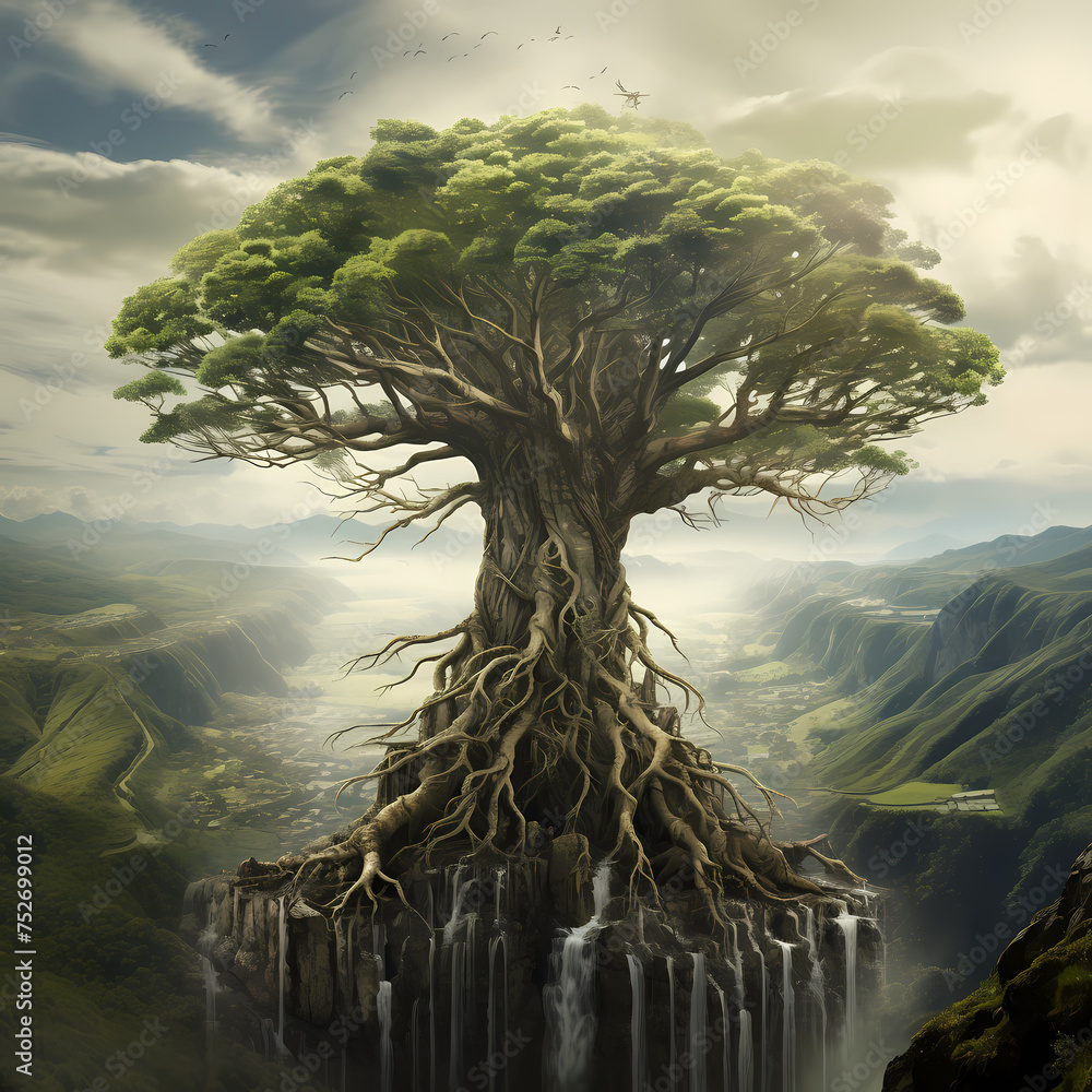 Ancient tree with roots extending into a parallel universe Stock ...