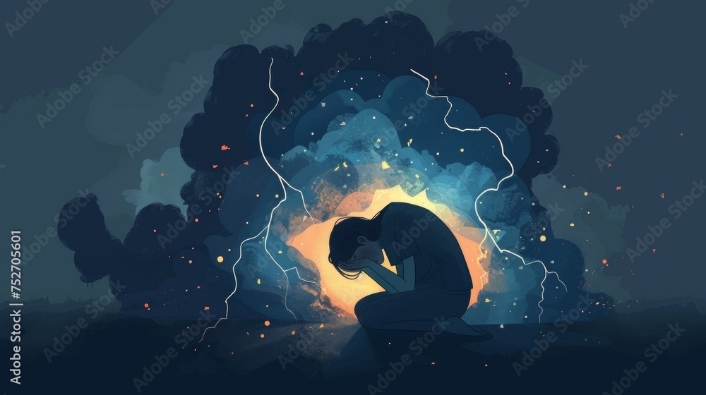 An image of a person curled up in a ball surrounded by dark clouds with ...