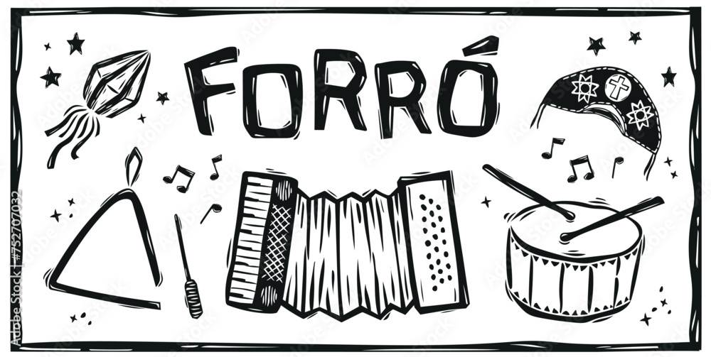 Hand-drawn Forró musical instruments in Brazilian cordel style. Stock ...