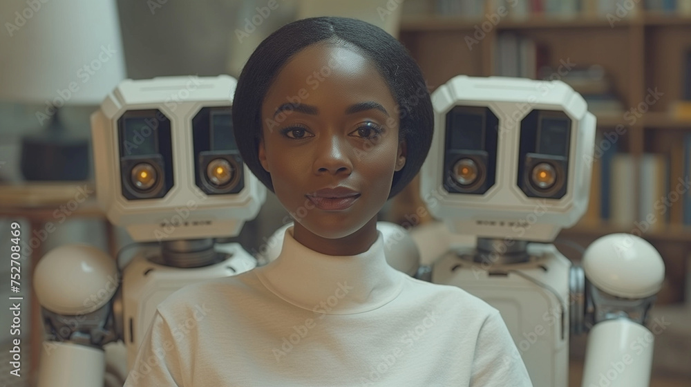 Foto de Beautiful young African woman with rorot assistants behind her ...