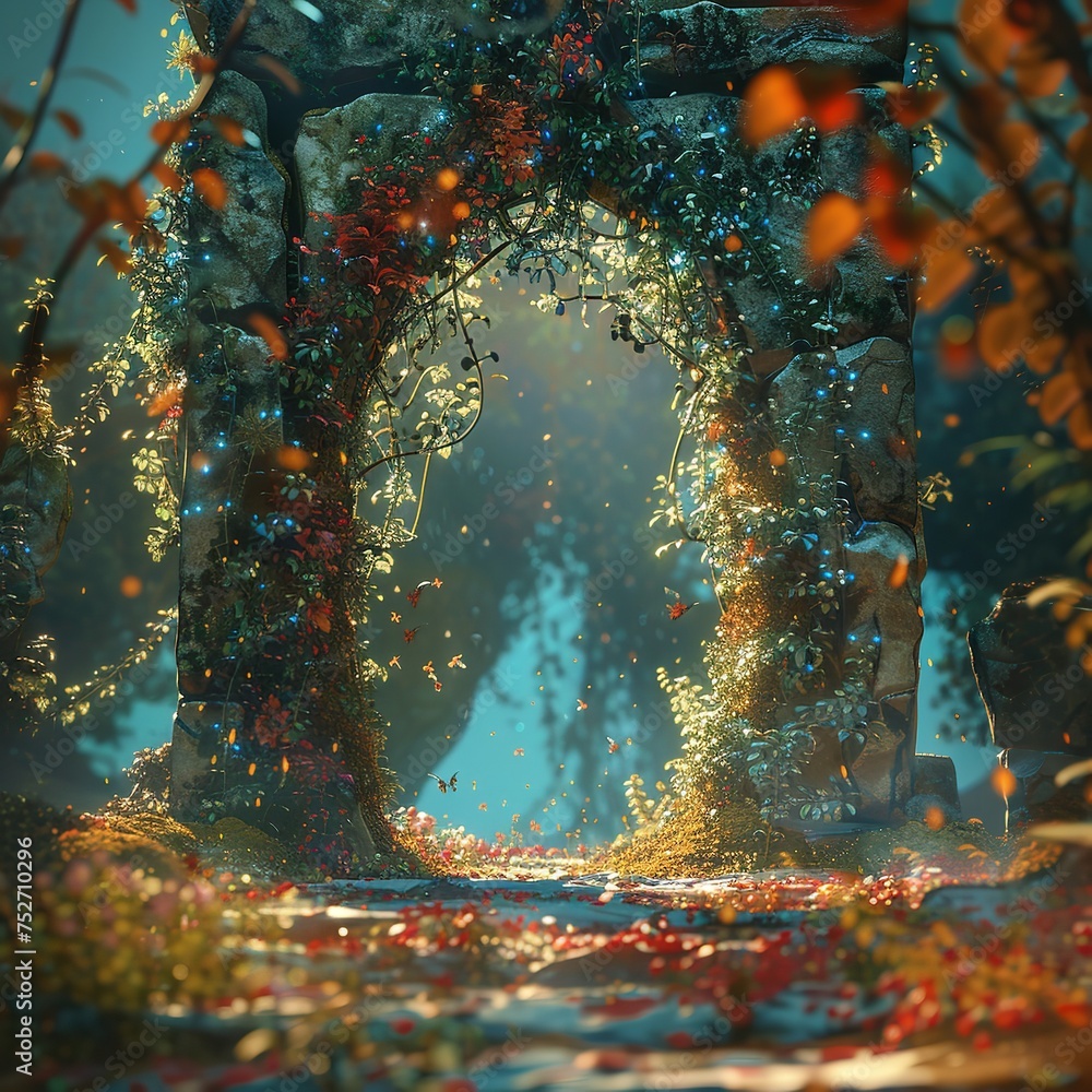 Spectacular fantasy scene with a portal archway covered in creepers. In ...