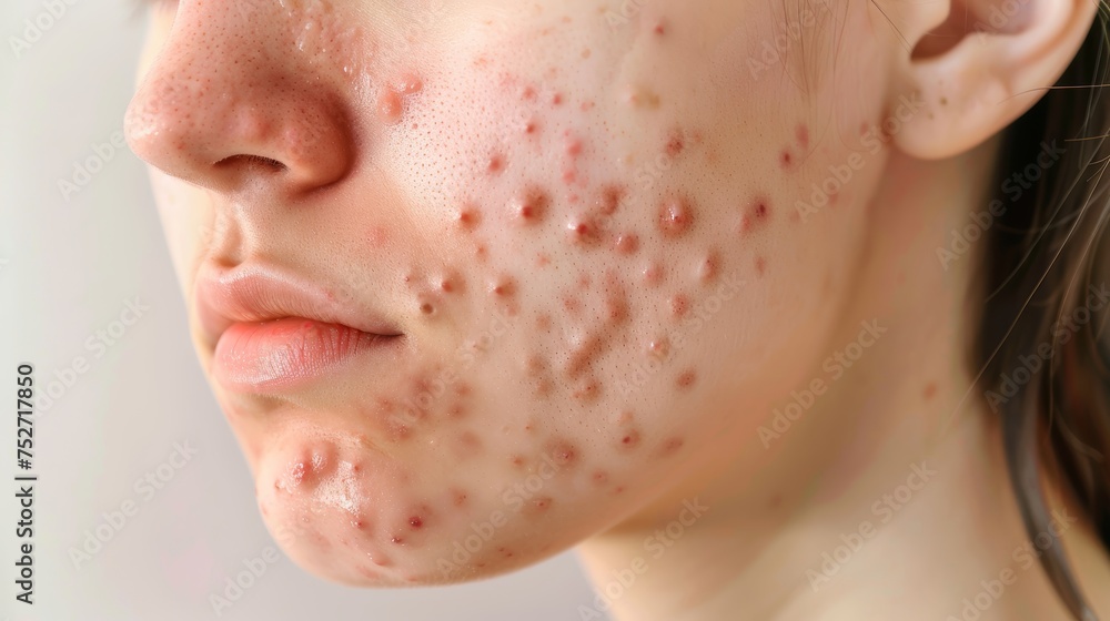 acne on woman face with rash skin, scar, and red skin syndrome allergic ...