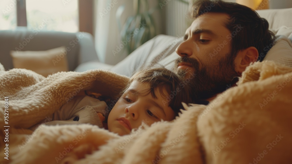 man take care of little ill daughter. Sick child lying on bed under ...