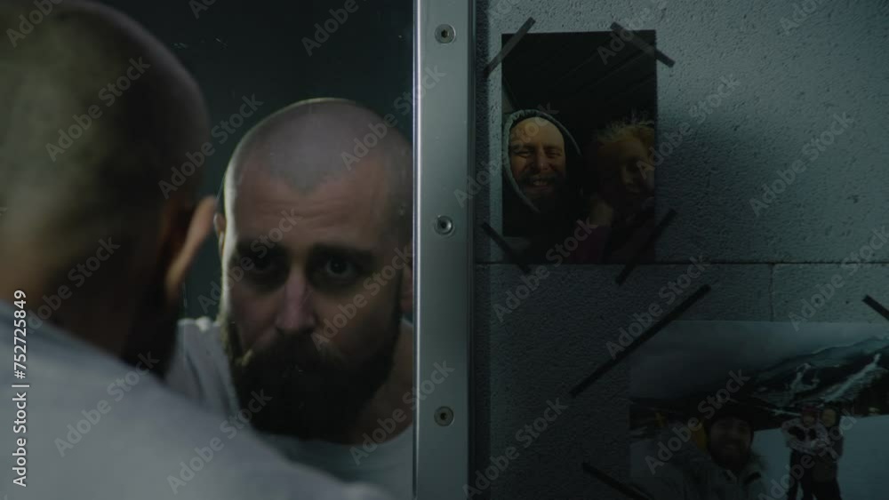 Male inmate looks at himself in the mirror standing in prison cell ...