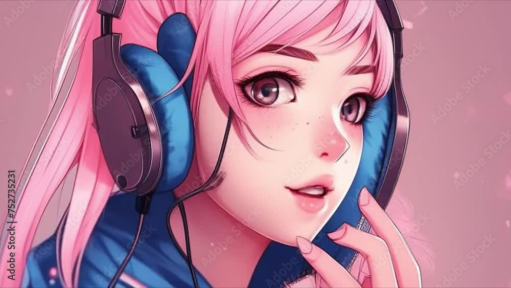 Animation girl with pink hair wearing music headphones on light pink ...