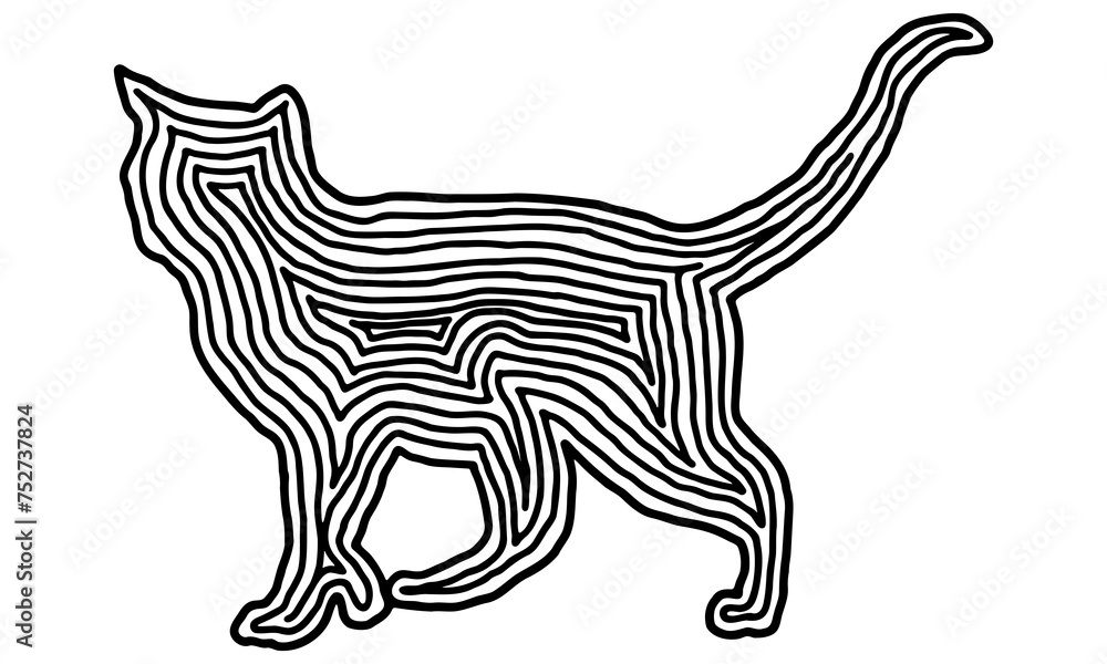 A series of animals in hand drawn fingerprint style. A cat in black ...