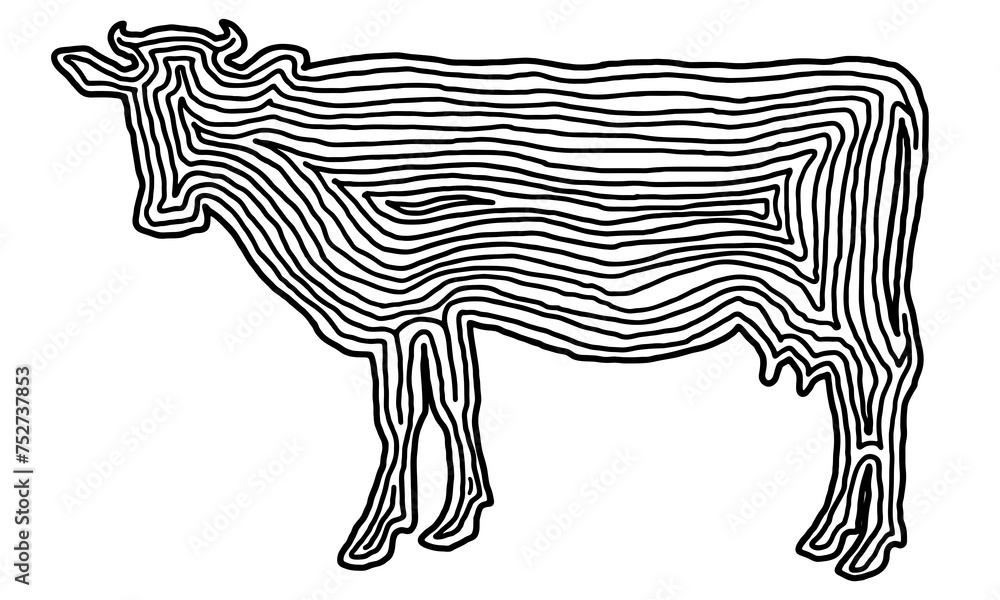A series of animals in hand drawn fingerprint style. A cow in black ...