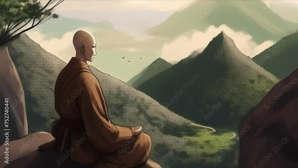 Animation of bald Buddhist monk sitting in lotus pose and medicine on a ...