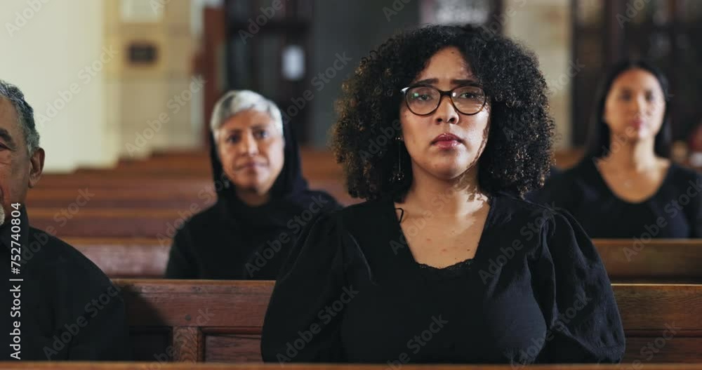 Vídeo do Stock: Funeral, service and people praying in church, memorial ...