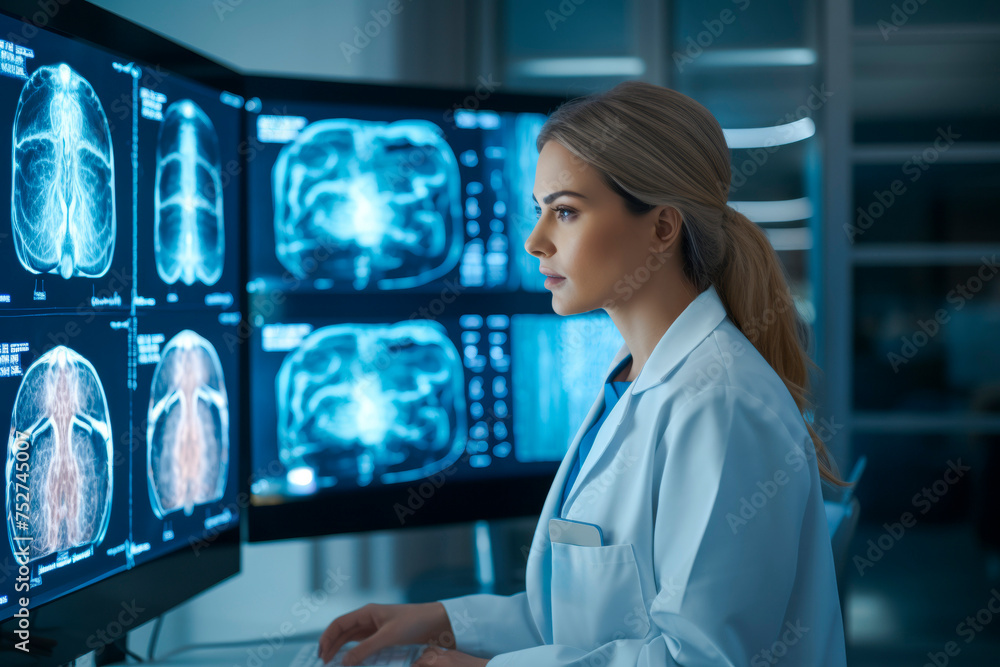An expert female neurologist deeply engrossed in examining brain scans ...