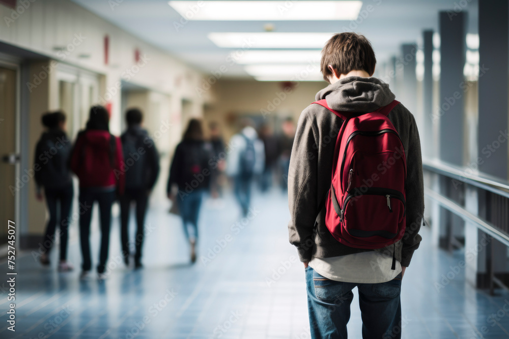solitary teenage boy stands in a school hallway, his eyes downcast, his ...