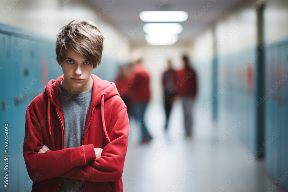 solitary teenage boy stands in a school hallway, his eyes downcast, his ...