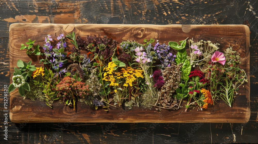 The vibrant colors and textures of various herbs carefully laid out on ...