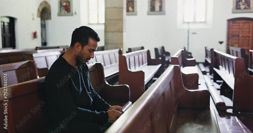 Vidéo Stock Mexican, man and church for praying with sadness, alone and ...