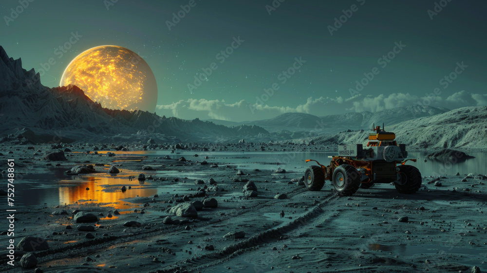 A depiction of a rover exploring an airless moon. An water covered ...