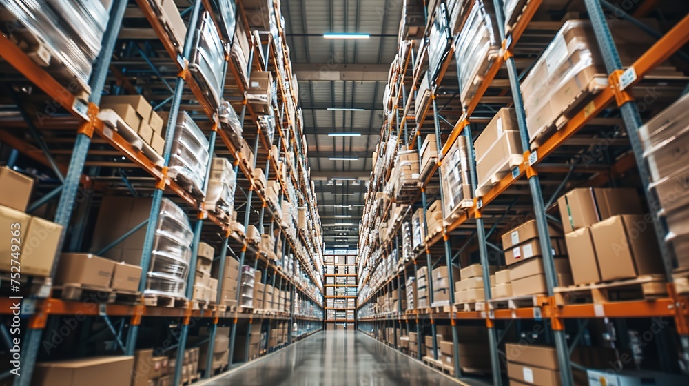 Warehouse of modern logistics with rows of tall shelves full of boxes ...